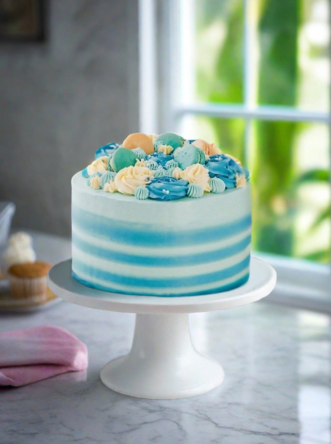 Blue Candy Stripe Gateau Cake - Next Day Delivery | Patisserie Valerie